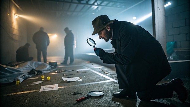 detective examining evidence with magnifying glass crime scene image ...